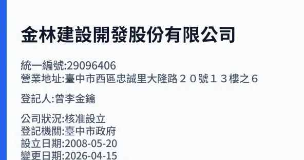 金林建設開發股份有限公司的照片-統編 29096406(臺中市) 公司登記資料與營業項目詳細圖表