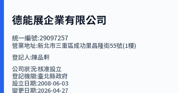 德能展企業有限公司的照片-統編 29097257(新北市) 公司登記資料與營業項目詳細圖表