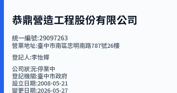 恭鼎營造工程股份有限公司的照片-統編 29097263(臺中市) 公司登記資料與營業項目詳細圖表