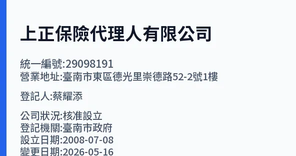 上正保險代理人有限公司的照片-統編 29098191(臺南市) 公司登記資料與營業項目詳細圖表