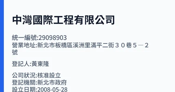 中灣國際工程有限公司的照片-統編 29098903(新北市) 公司登記資料與營業項目詳細圖表