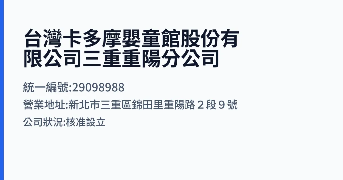 台灣卡多摩嬰童館股份有限公司三重重陽分公司 - 統編 29098988(新北市) 公司登記資料與營業項目詳細圖表