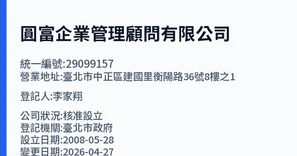 圓富企業管理顧問有限公司的照片-統編 29099157(臺北市) 公司登記資料與營業項目詳細圖表