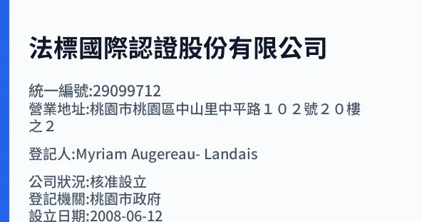 法標國際認證股份有限公司的照片-統編 29099712(桃園市) 公司登記資料與營業項目詳細圖表