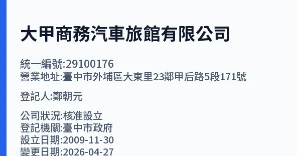 大甲商務汽車旅館有限公司的照片-統編 29100176(臺中市) 公司登記資料與營業項目詳細圖表