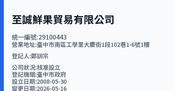 至誠鮮果貿易有限公司的照片-統編 29100443(臺中市) 公司登記資料與營業項目詳細圖表