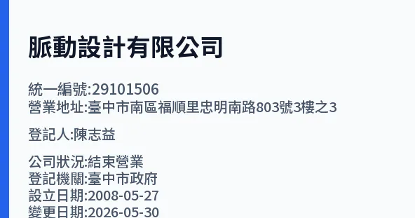 脈動設計有限公司的照片-統編 29101506(臺中市) 公司登記資料與營業項目詳細圖表