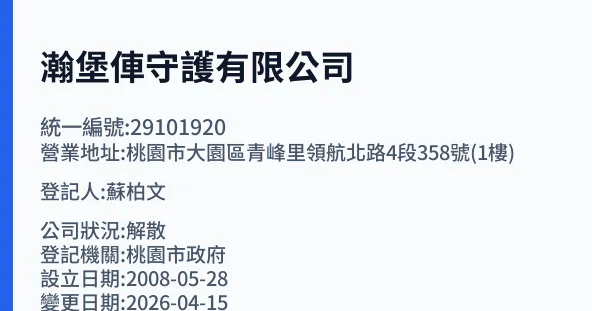 瀚堡俥守護有限公司的照片-統編 29101920(桃園市) 公司登記資料與營業項目詳細圖表