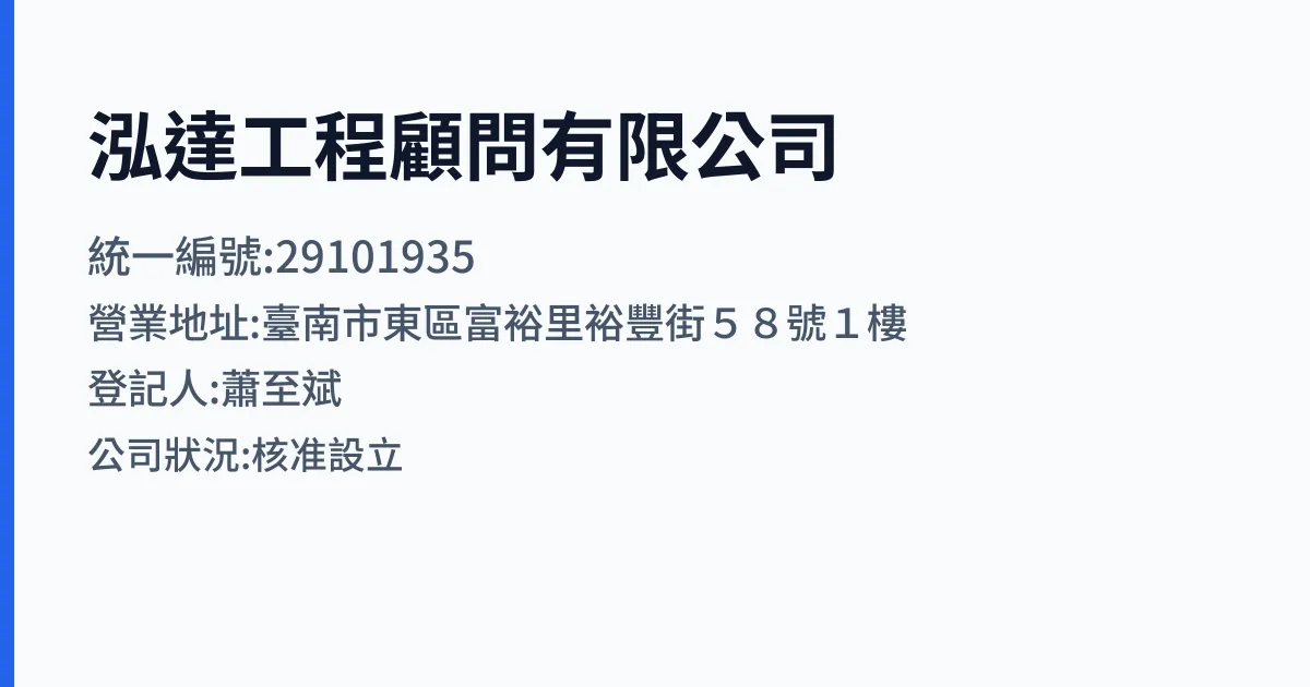 泓達工程顧問有限公司 - 統編 29101935(臺南市) 公司登記資料與營業項目詳細圖表