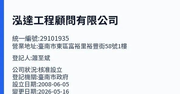 泓達工程顧問有限公司的照片-統編 29101935(臺南市) 公司登記資料與營業項目詳細圖表