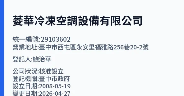 菱華冷凍空調設備有限公司的照片-統編 29103602(臺中市) 公司登記資料與營業項目詳細圖表