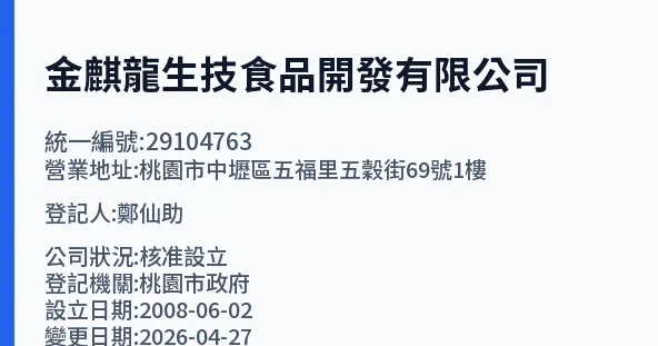 金麒龍生技食品開發有限公司的照片-統編 29104763(桃園市) 公司登記資料與營業項目詳細圖表