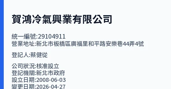 賀鴻冷氣興業有限公司的照片-統編 29104911(新北市) 公司登記資料與營業項目詳細圖表