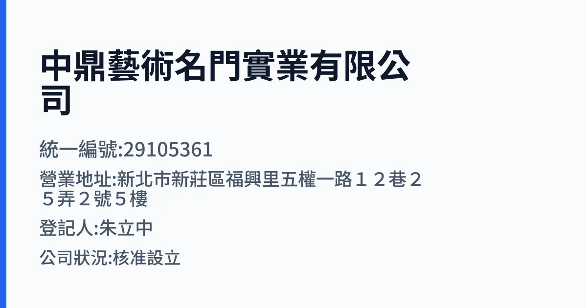 中鼎藝術名門實業有限公司 - 統編 29105361(新北市) 公司登記資料與營業項目詳細圖表