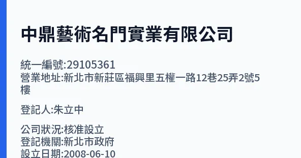 中鼎藝術名門實業有限公司的照片-統編 29105361(新北市) 公司登記資料與營業項目詳細圖表