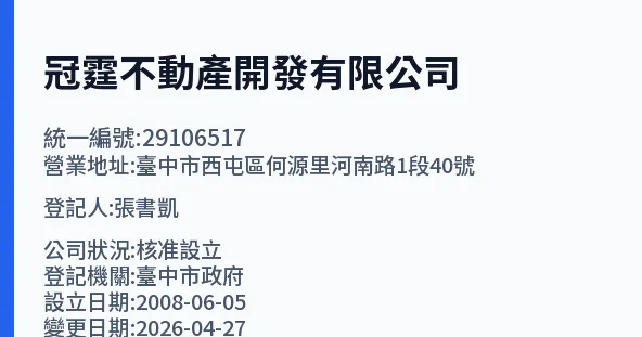 冠霆不動產開發有限公司的照片-統編 29106517(臺中市) 公司登記資料與營業項目詳細圖表