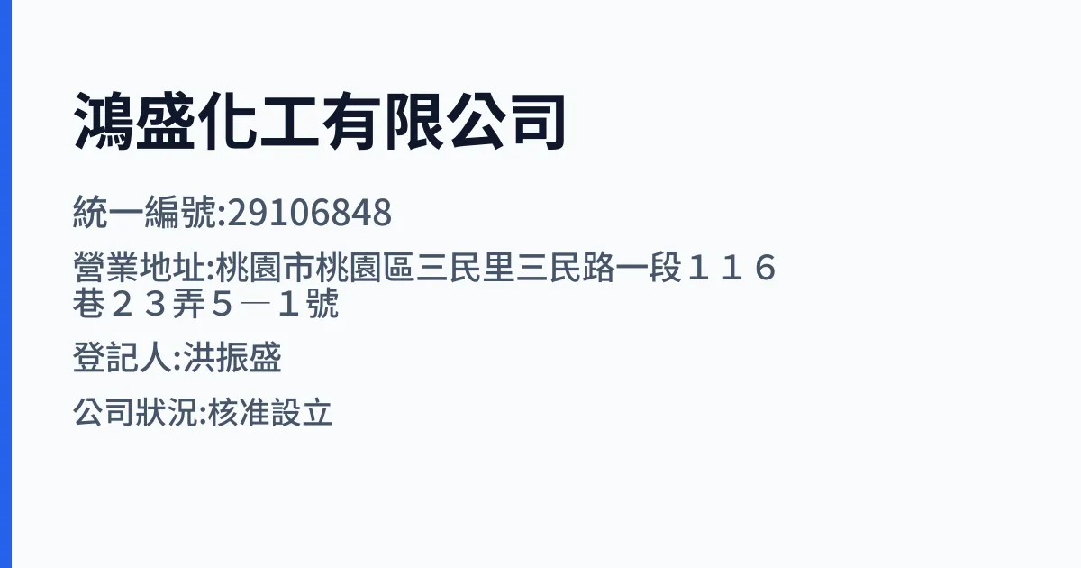 鴻盛化工有限公司 - 統編 29106848(桃園市) 公司登記資料與營業項目詳細圖表