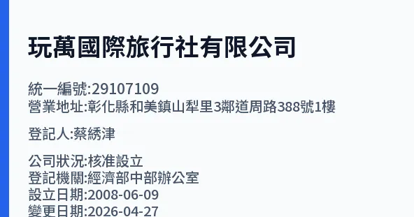 玩萬國際旅行社有限公司的照片-統編 29107109(彰化縣) 公司登記資料與營業項目詳細圖表