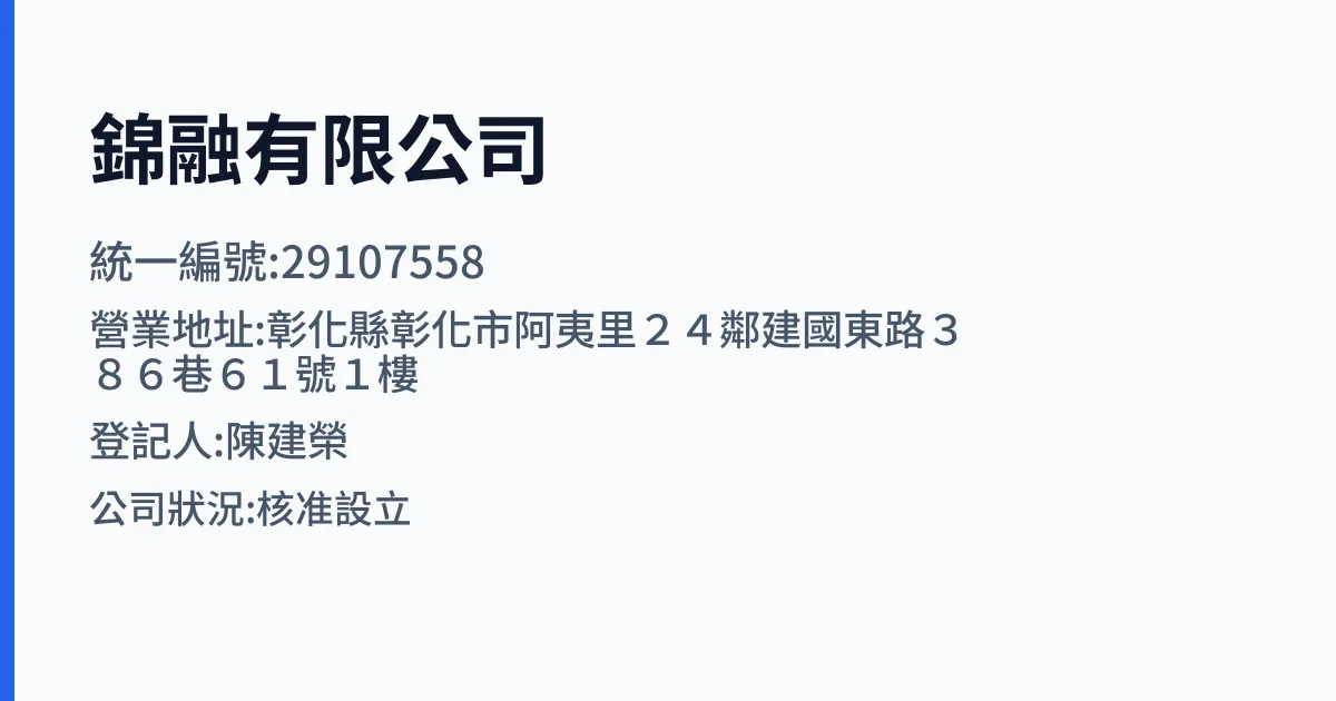 錦融有限公司 - 統編 29107558(彰化縣) 公司登記資料與營業項目詳細圖表