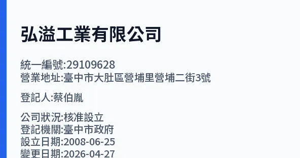 弘溢工業有限公司的照片-統編 29109628(臺中市) 公司登記資料與營業項目詳細圖表