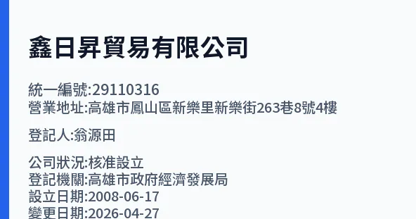 鑫日昇貿易有限公司的照片-統編 29110316(高雄市) 公司登記資料與營業項目詳細圖表