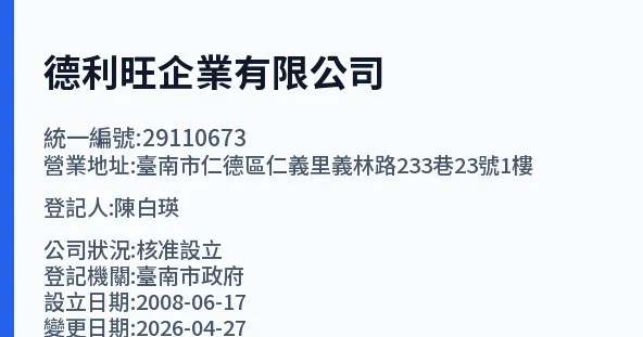 德利旺企業有限公司的照片-統編 29110673(臺南市) 公司登記資料與營業項目詳細圖表