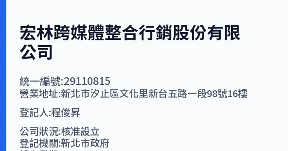 宏林跨媒體整合行銷股份有限公司的照片-統編 29110815(新北市) 公司登記資料與營業項目詳細圖表