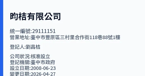 昀桔有限公司的照片-統編 29111151(臺中市) 公司登記資料與營業項目詳細圖表