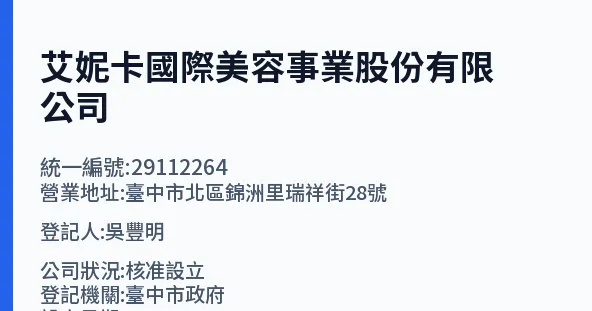 艾妮卡國際美容事業股份有限公司的照片-統編 29112264(臺中市) 公司登記資料與營業項目詳細圖表