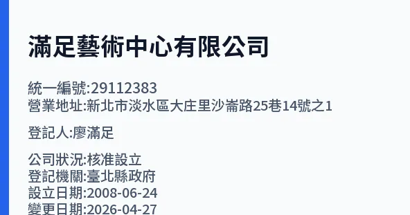 滿足藝術中心有限公司的照片-統編 29112383(新北市) 公司登記資料與營業項目詳細圖表