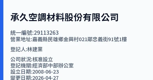 承久空調材料股份有限公司的照片-統編 29113263(嘉義縣) 公司登記資料與營業項目詳細圖表