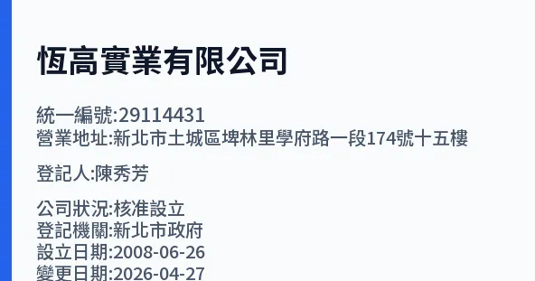 恆高實業有限公司的照片-統編 29114431(新北市) 公司登記資料與營業項目詳細圖表