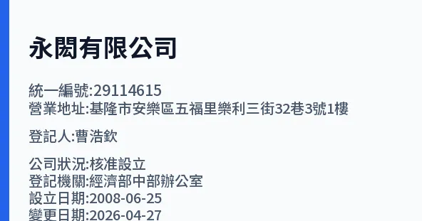 永閎有限公司的照片-統編 29114615(基隆市) 公司登記資料與營業項目詳細圖表