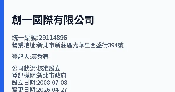 創一國際有限公司的照片-統編 29114896(新北市) 公司登記資料與營業項目詳細圖表