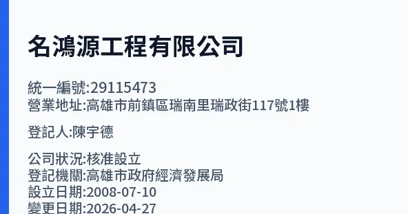 名鴻源工程有限公司的照片-統編 29115473(高雄市) 公司登記資料與營業項目詳細圖表