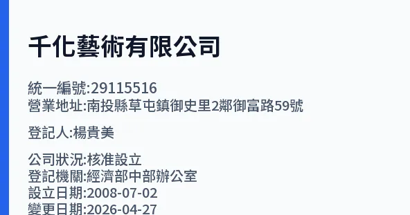 千化藝術有限公司的照片-統編 29115516(南投縣) 公司登記資料與營業項目詳細圖表
