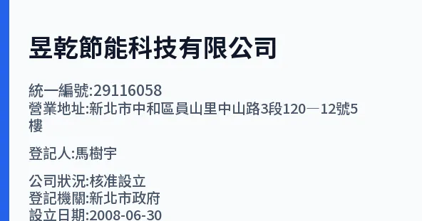 昱乾節能科技有限公司的照片-統編 29116058(新北市) 公司登記資料與營業項目詳細圖表