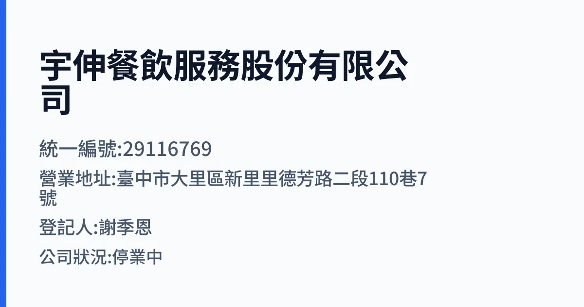 宇伸餐飲服務股份有限公司 - 統編 29116769（臺中市） 公司登記資料與營業項目詳細圖表