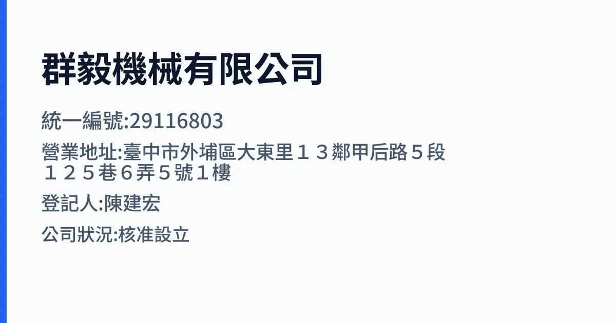 群毅機械有限公司 - 統編 29116803(臺中市) 公司登記資料與營業項目詳細圖表