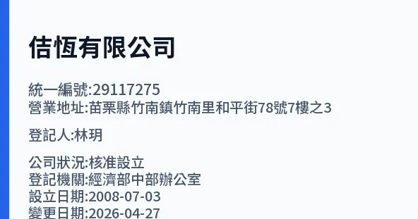 佶恆有限公司的照片-統編 29117275(苗栗縣) 公司登記資料與營業項目詳細圖表