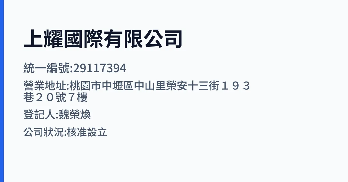 上耀國際有限公司 - 統編 29117394(桃園市) 公司登記資料與營業項目詳細圖表