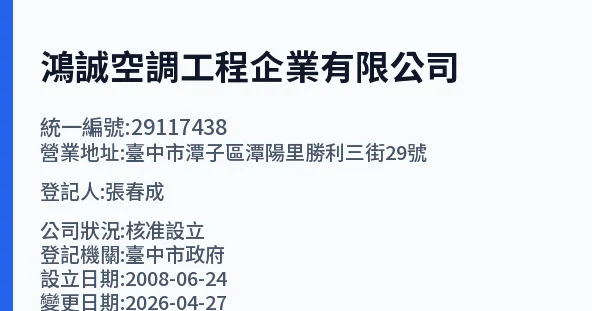鴻誠空調工程企業有限公司的照片-統編 29117438(臺中市) 公司登記資料與營業項目詳細圖表