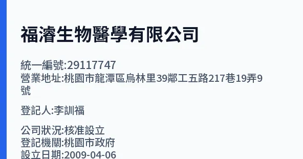 福濬生物醫學有限公司的照片-統編 29117747(桃園市) 公司登記資料與營業項目詳細圖表