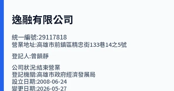 逸融有限公司的照片-統編 29117818(高雄市) 公司登記資料與營業項目詳細圖表