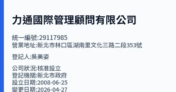 力通國際管理顧問有限公司的照片-統編 29117985(新北市) 公司登記資料與營業項目詳細圖表