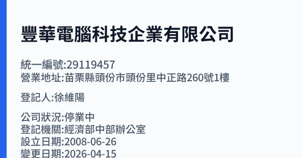 豐華電腦科技企業有限公司的照片-統編 29119457(苗栗縣) 公司登記資料與營業項目詳細圖表