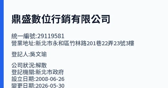 鼎盛數位行銷有限公司的照片-統編 29119581(新北市) 公司登記資料與營業項目詳細圖表