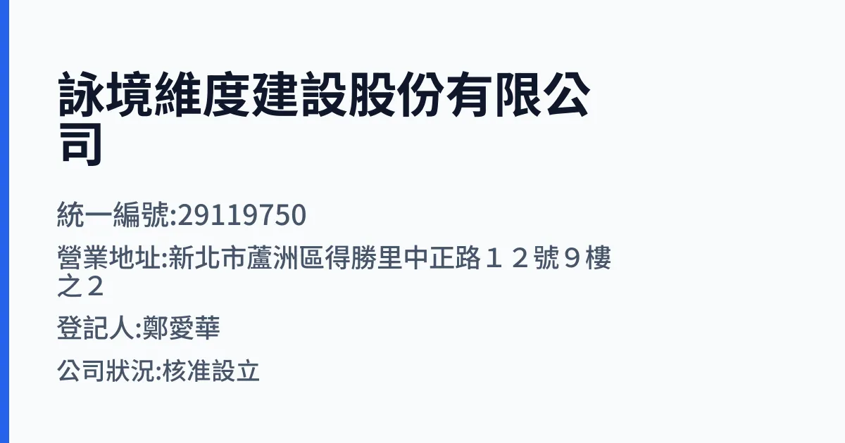 詠境維度建設股份有限公司 - 統編 29119750(新北市) 公司登記資料與營業項目詳細圖表