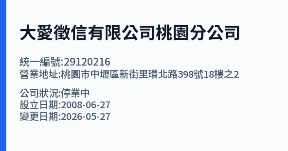 大愛徵信有限公司桃園分公司的照片-統編 29120216(桃園市) 公司登記資料與營業項目詳細圖表