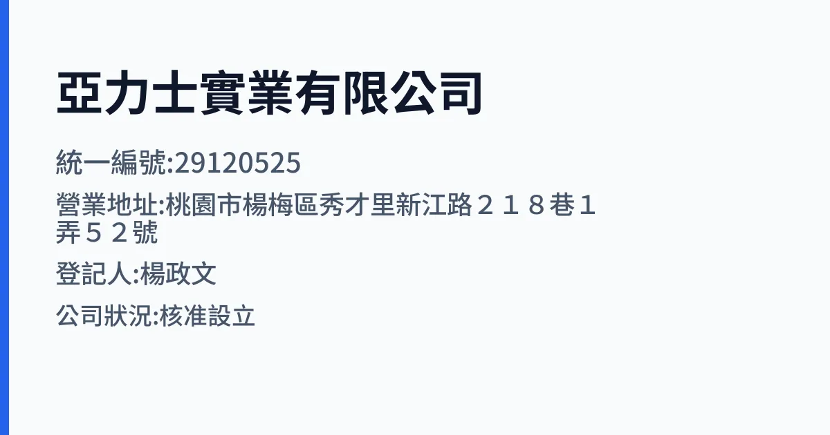 亞力士實業有限公司 - 統編 29120525(桃園市) 公司登記資料與營業項目詳細圖表